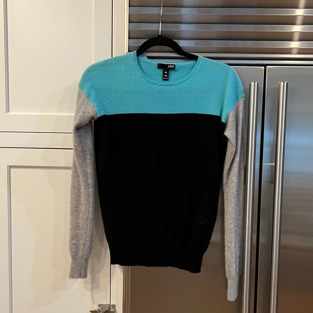 Aqua Cashmere Color Block Turquoise And Black Sweater… - Gem